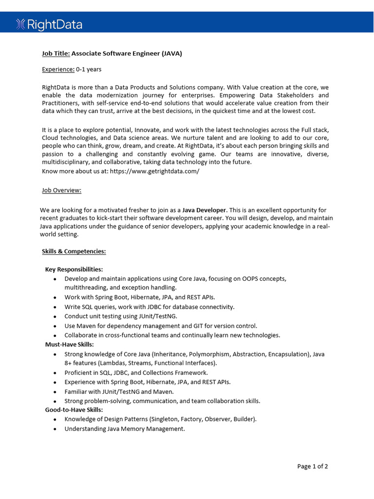 Java Developer (Fresher) Job Des | PDF | Java (Programming Language ...