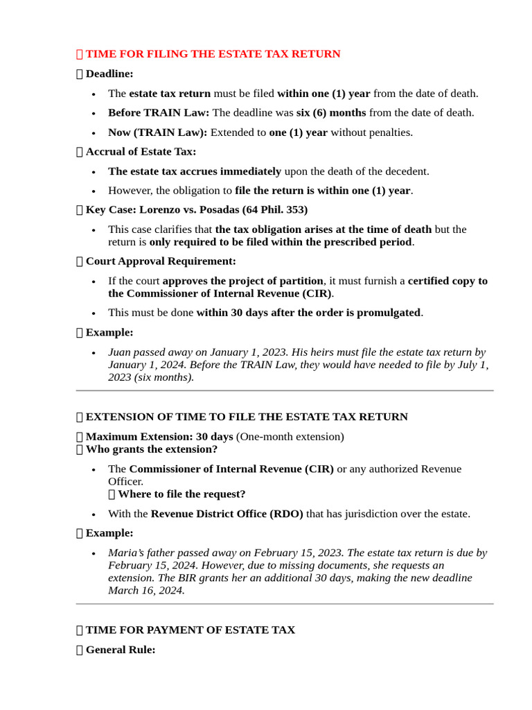 ? TIME FOR FILING THE ESTATE TAX RETURN | PDF | Estate Tax In The ...