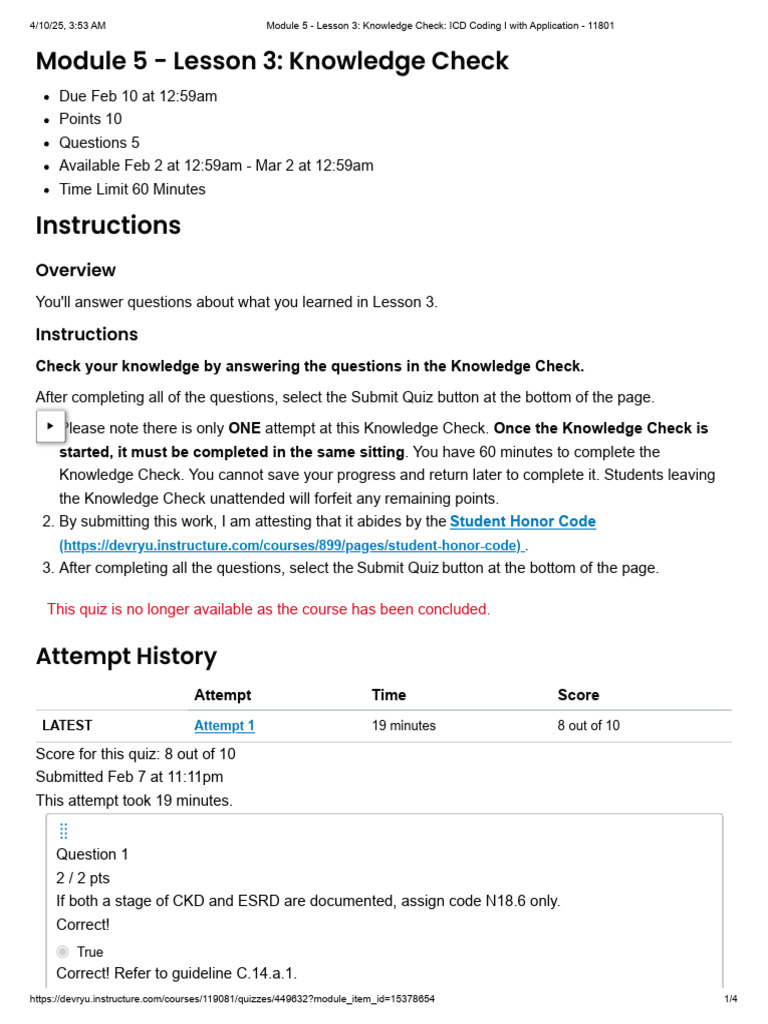 Module 5 - Lesson 3 - Knowledge Check - ICD Coding I With Application - 11801 | PDF | Chronic ...