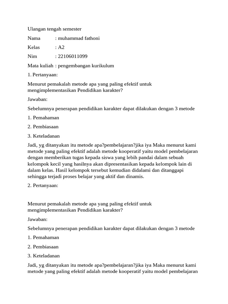 Ulangan Tengah Semester Peng. Kurikulum | PDF