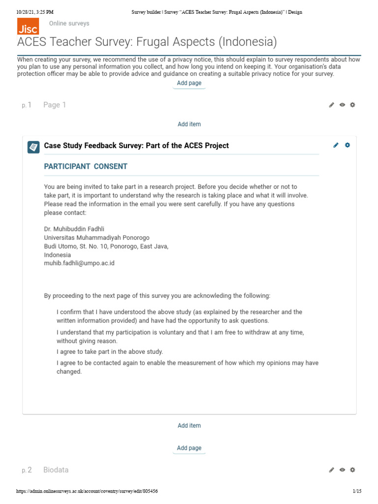 Survey "ACES Teacher Survey - Frugal Aspects (Indonesia) " | PDF