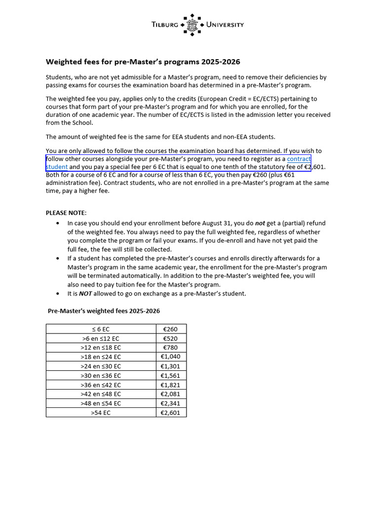 Pre-Master's Weighted Fees 2025-2026 | PDF