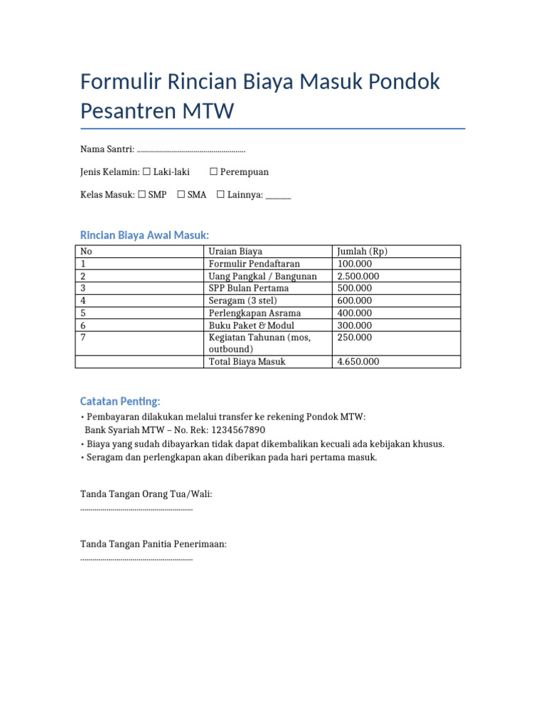Formulir_Biaya_Masuk_Pondok_MTW | PDF