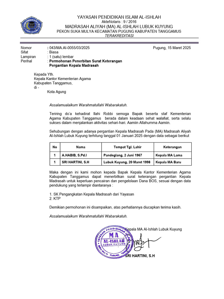 Surat Permohonan Pergantian Kepala | PDF