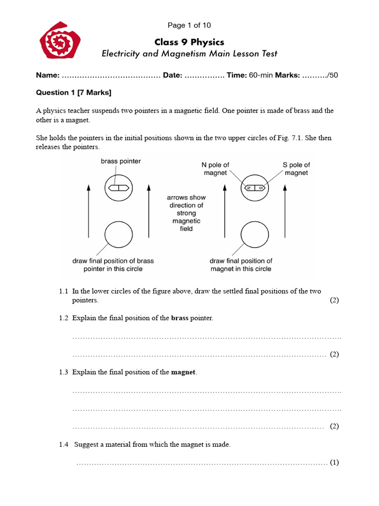Grade 9 Electricity and Magnetism ML Test | PDF | Magnetic Field | Magnet