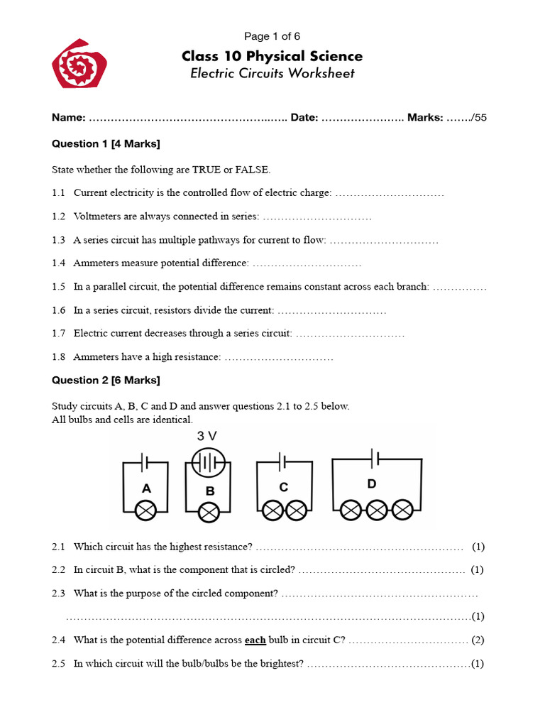 Electric Circuits Worksheet for Class 10 | PDF | Series And Parallel ...