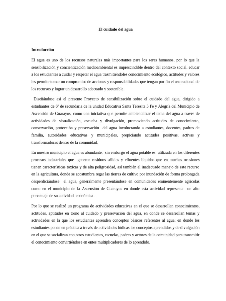 Proyecto Educativo sobre Cuidado del Agua | PDF | Enseñando | Agua