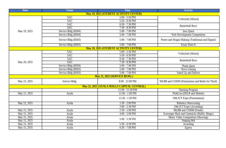 Ict Olympics Schedule of Activities | PDF