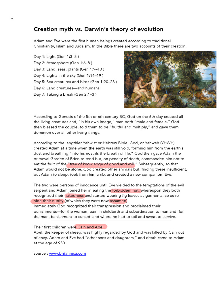 Creation Myth Adam and Eve Vs Darwin's Evolution of Theory | PDF | Book ...