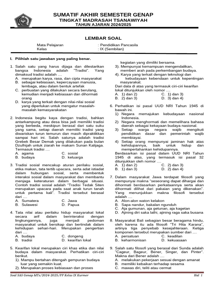 Soal Sas Genap PP Kelas 9 Kurmer Ta 2024-2025 | PDF