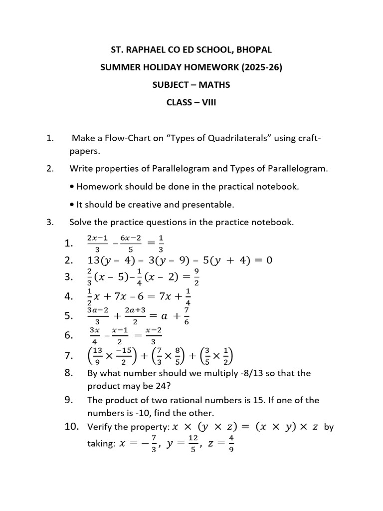 8 - Maths Summer Holiday Homework. | PDF