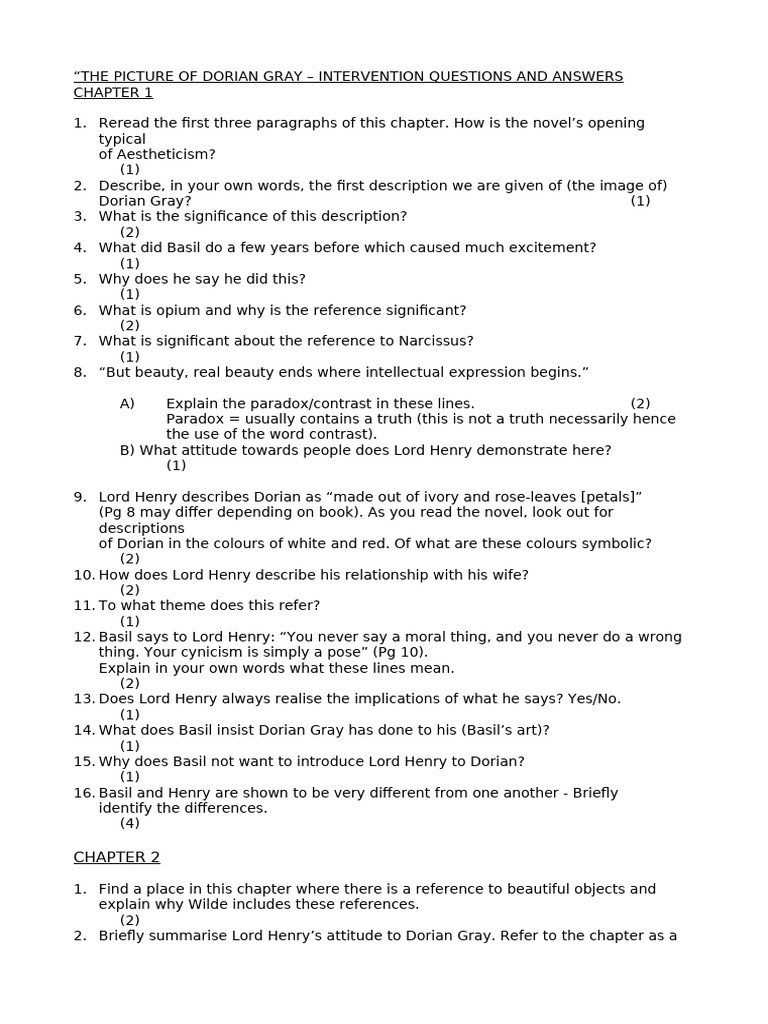 Dorian Gray Chapter 1-10 Q&A Guide | PDF | The Picture Of Dorian Gray