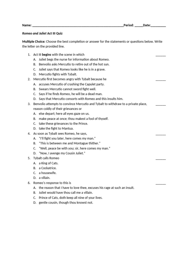 Romeo and Juliet Act III Answer Key | PDF | Characters In Romeo And Juliet | Romeo And Juliet