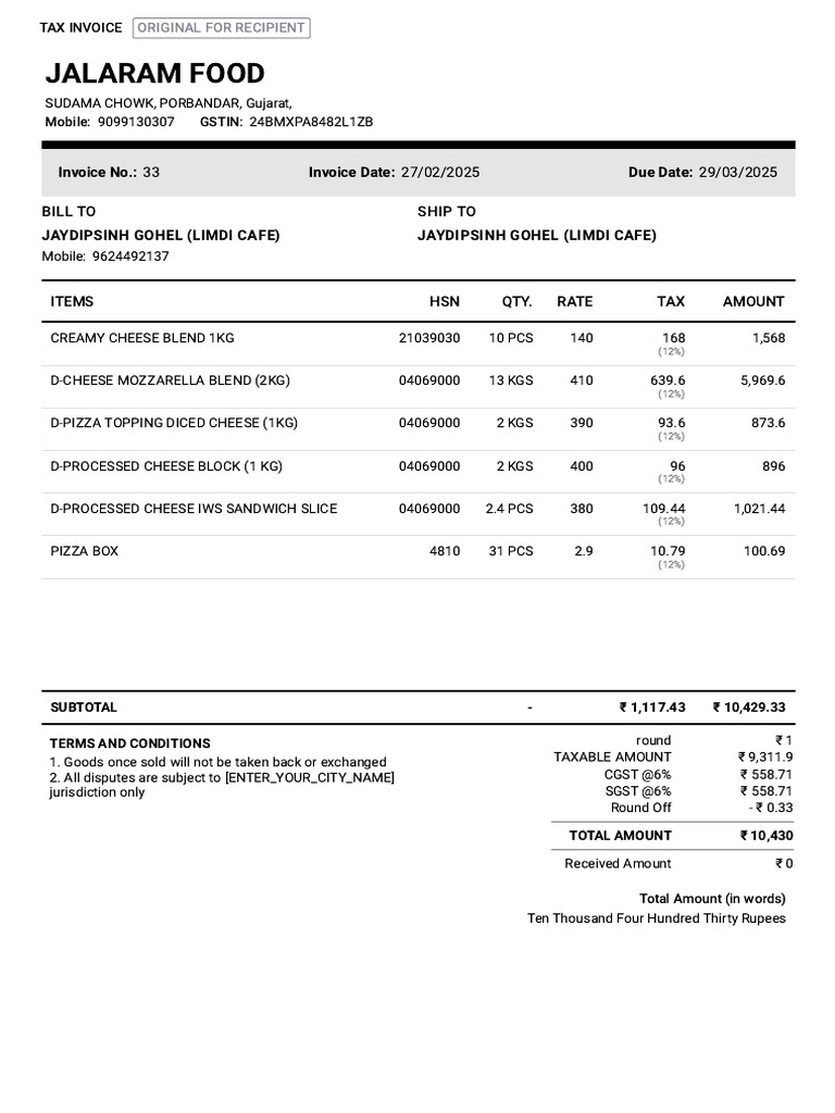 JAYDIPSINH GOHEL LIMDI CAFE Sales Invoice 33 | PDF | Payments