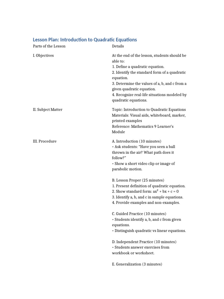 Lesson Plan Intro Quadratic Equations | PDF | Quadratic Equation ...