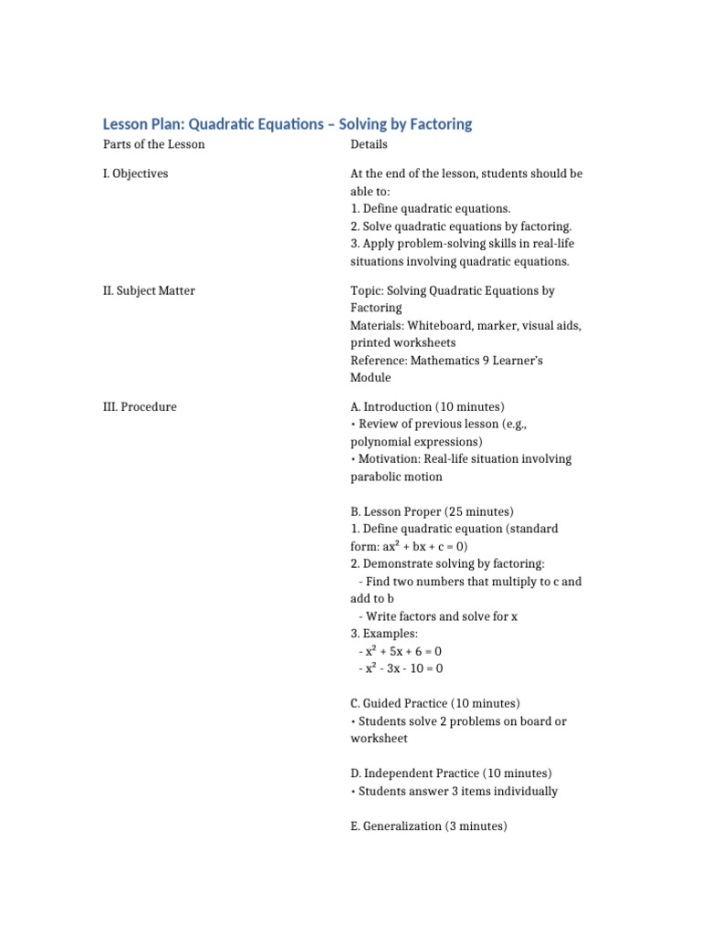 Lesson - Plan - Quadratic - Equations Introduction | PDF | Equations | Factorization