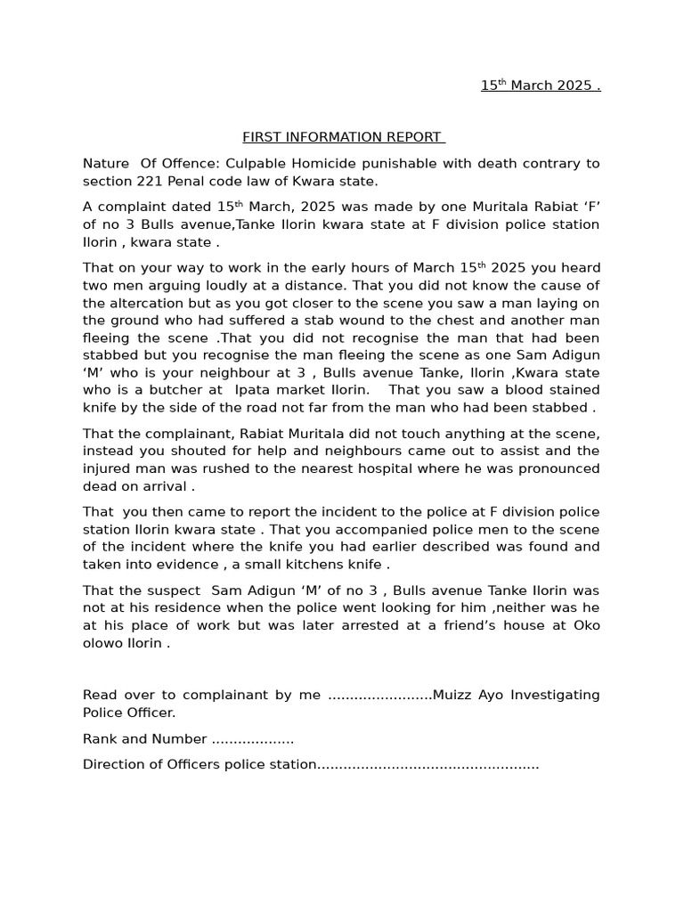 An Example of A First Information Report | PDF