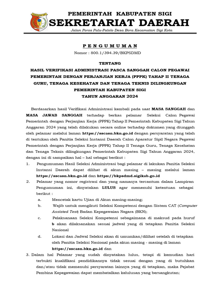 PENGUMUMAN HASIL VERIFIKASI ADMINISTRASI PASCA SANGGAH CASN PPPK TAHAP II JABATAN FUNGSIONAL ...