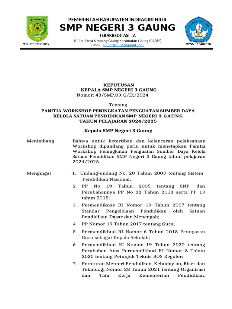 Panitia Workshop SMP Negeri 3 Gaung 2024 | PDF