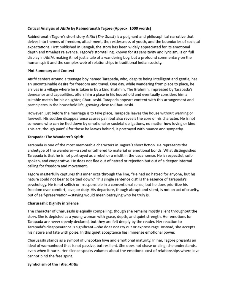 Critical Analysis of Atithi by Rabindranath Tagore | PDF | Rabindranath ...