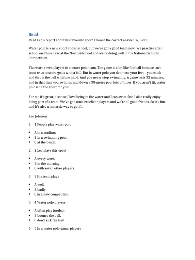 Water Polo Reading Comprehension | PDF