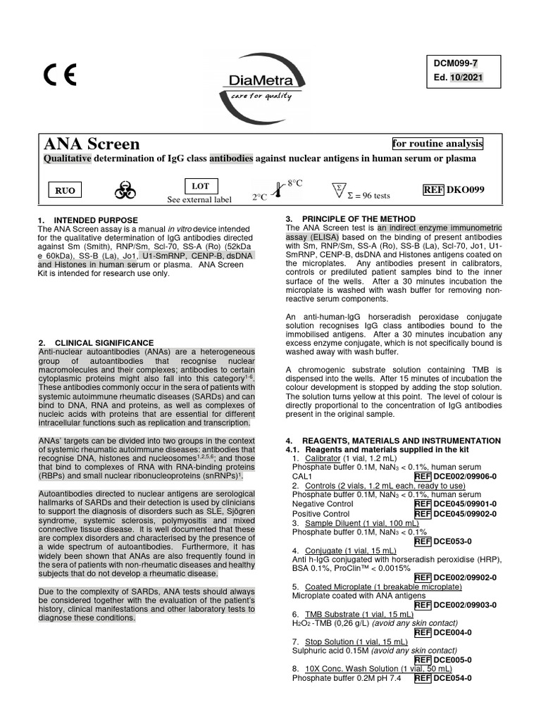 DCM099 ANA Screen ELISA Assay Kit Package Insert v7 | PDF | Elisa ...