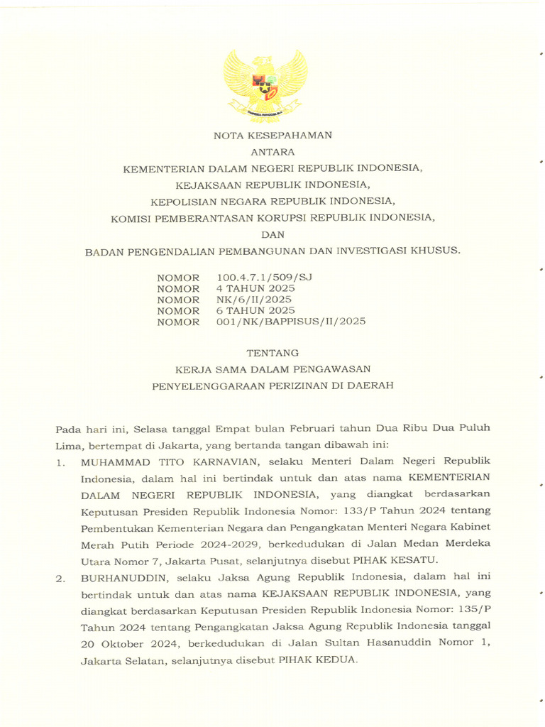 Nota Kesepahaman - Pengawasan Perizinan Di Daerah | PDF