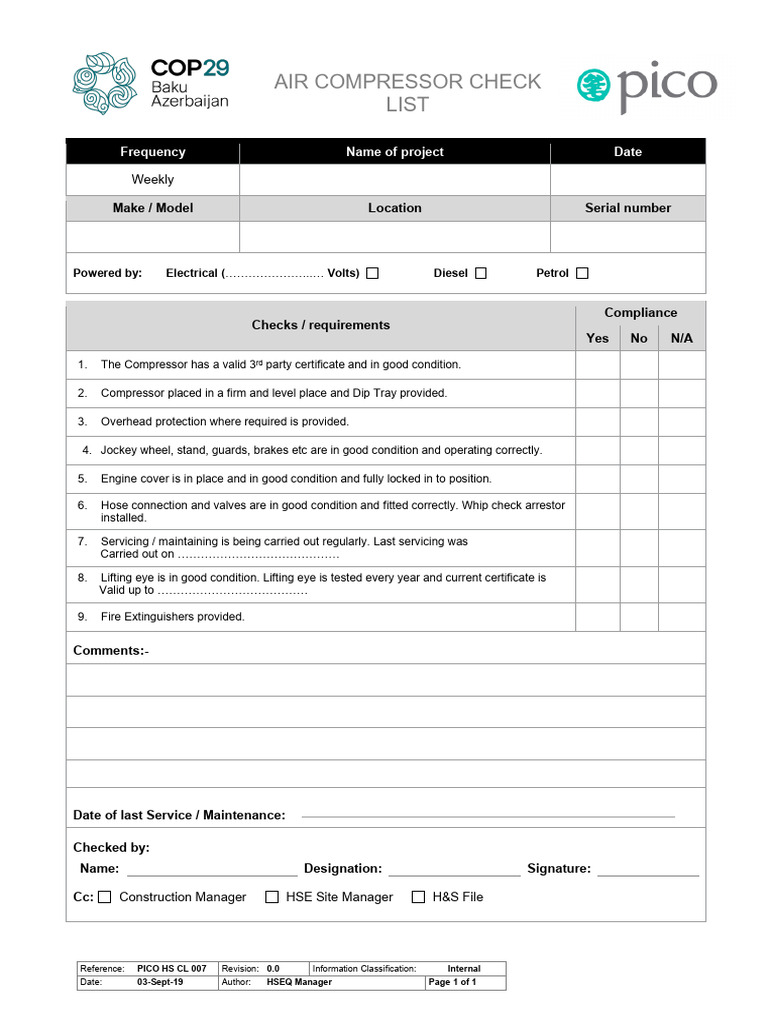 Air Compressor Check List | PDF