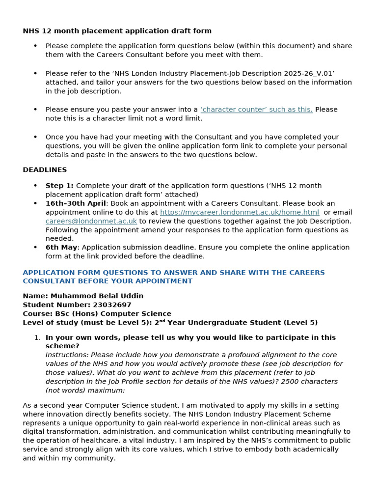 NHS 12 month placement application draft form (1) | PDF | National ...