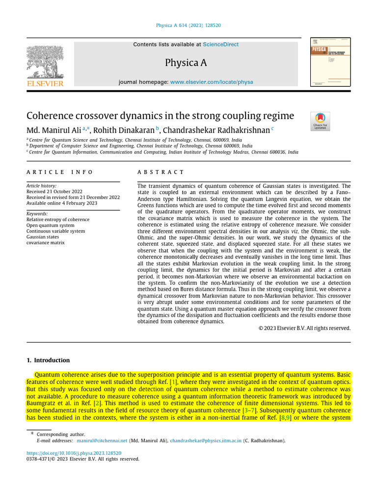29 PhysicaA Coherence Crossover Dynamics in The Strong Coupling Regime | PDF | Quantum ...