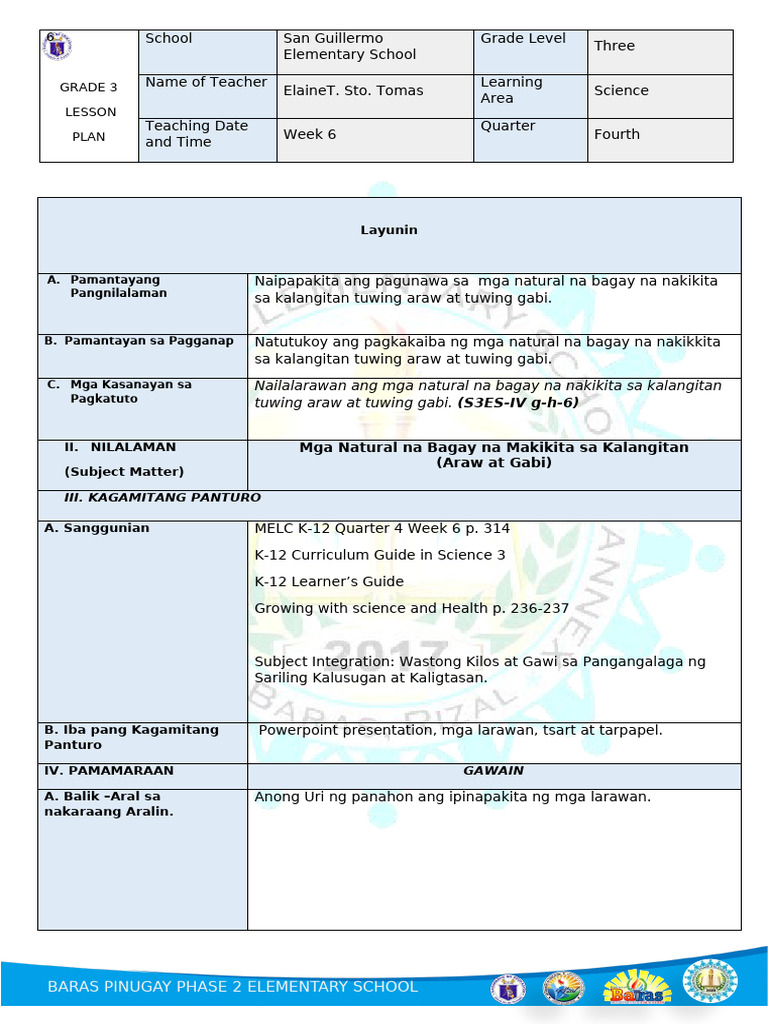 Lesson Plan Science 3, Q4, W6 | PDF