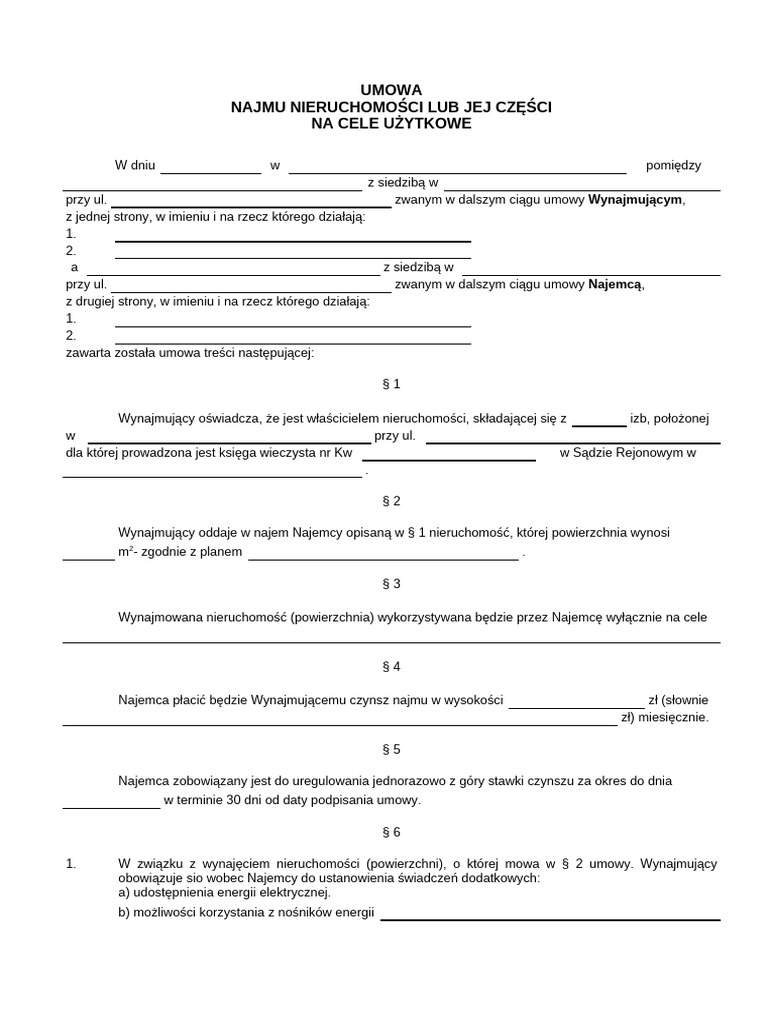 260 Umowa Najmu Nieruchomosci Lub Jej Czesci Na Cele Uzytkowe | PDF