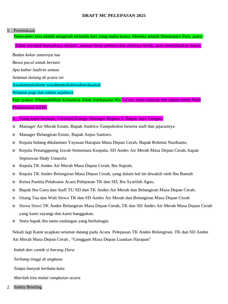 Draft MC Pelepasan 2025 | PDF