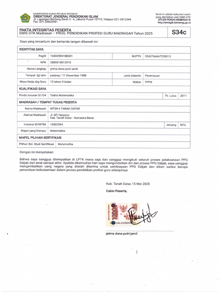 Pakta Integritas PPG PRIMA DONA PUTRI JAMIL | PDF