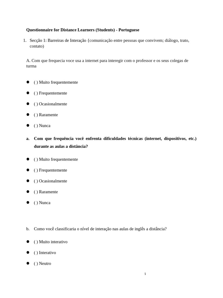 Questionnaire For Distance Learners | PDF | Aprendizado | Comunicação ...