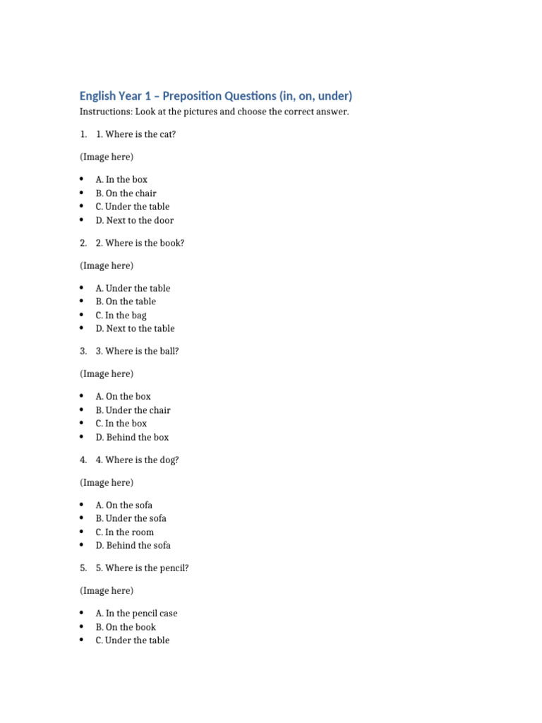 English Year1 Prepositions Questions | PDF