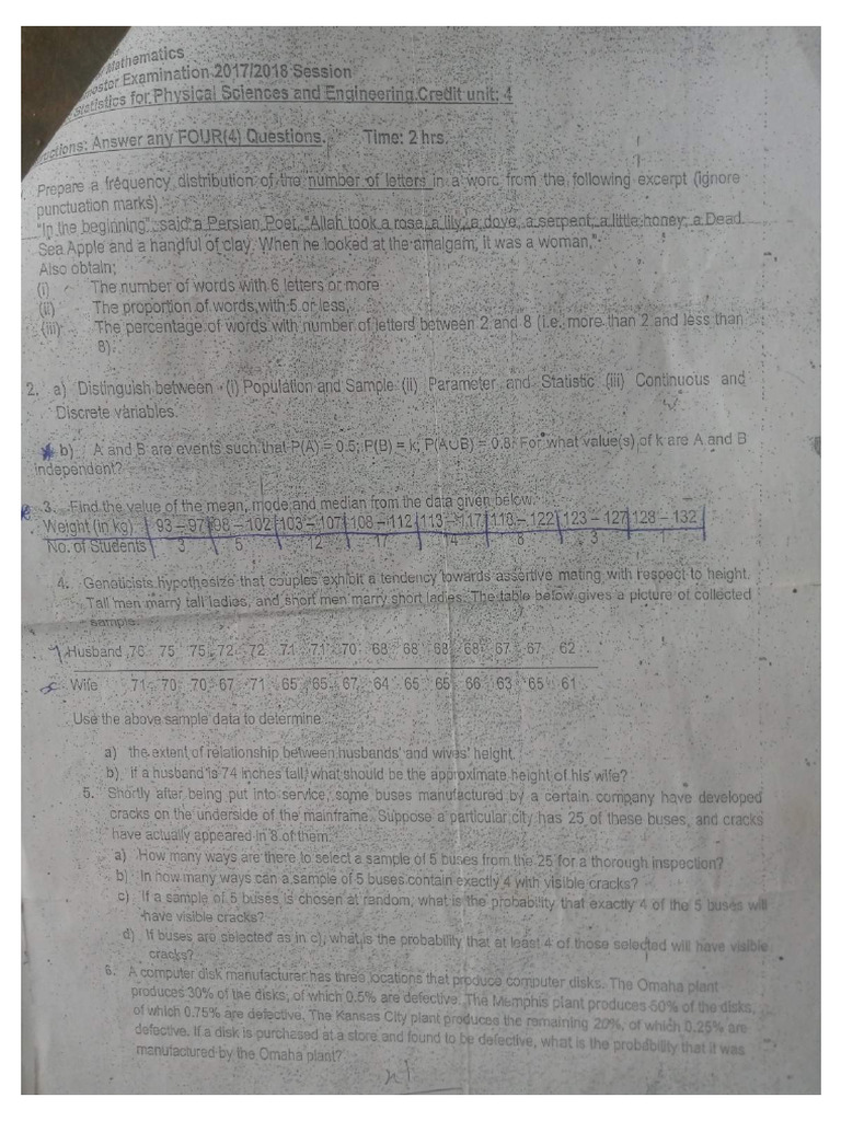 Sta 203 and MTH 102 PQ | PDF