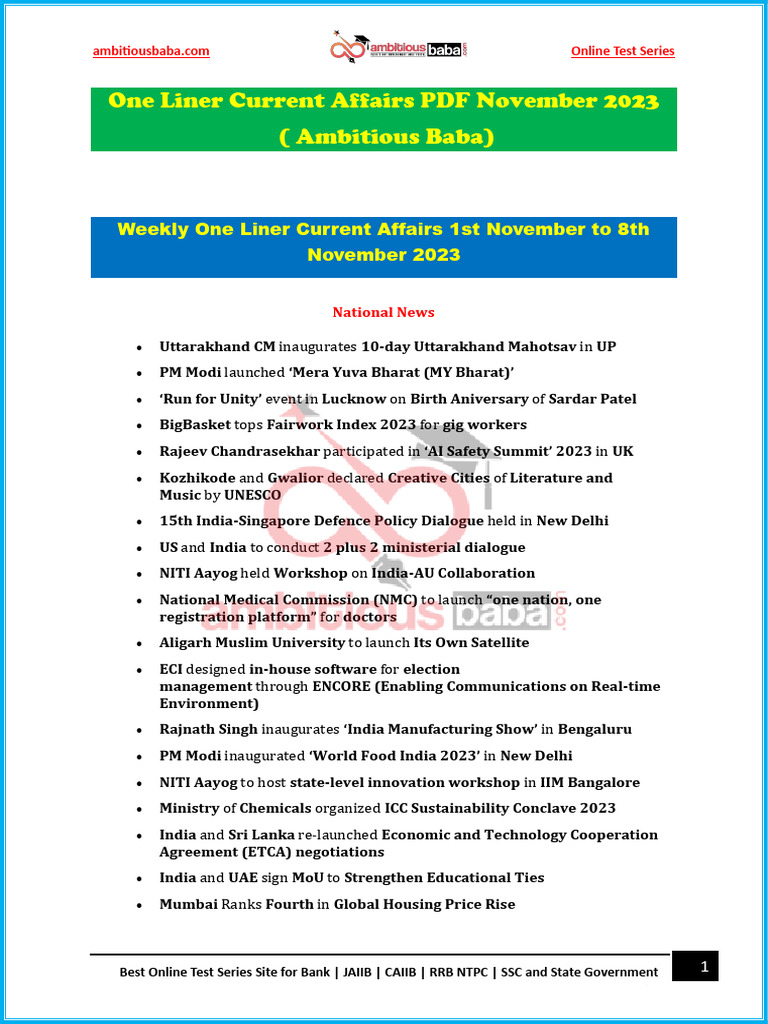 One Liners PDF November 2023 Ambititious - Baba | PDF