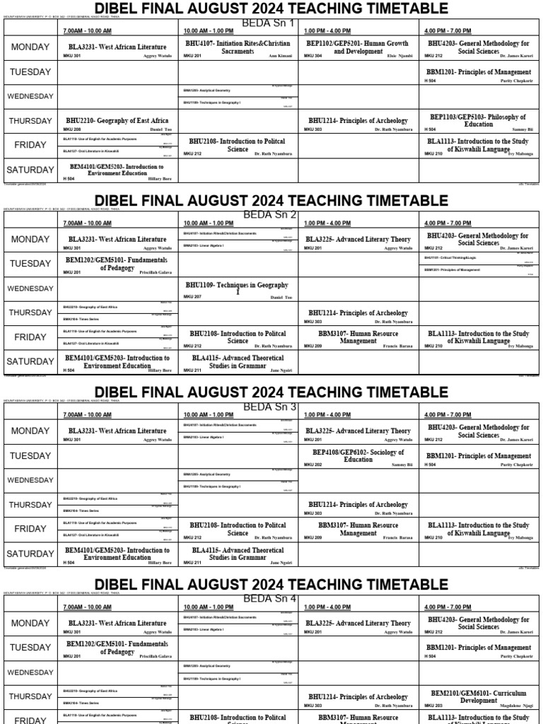 Dibel Final Teaching Timetable August 2024 | PDF | Liberal Arts Education