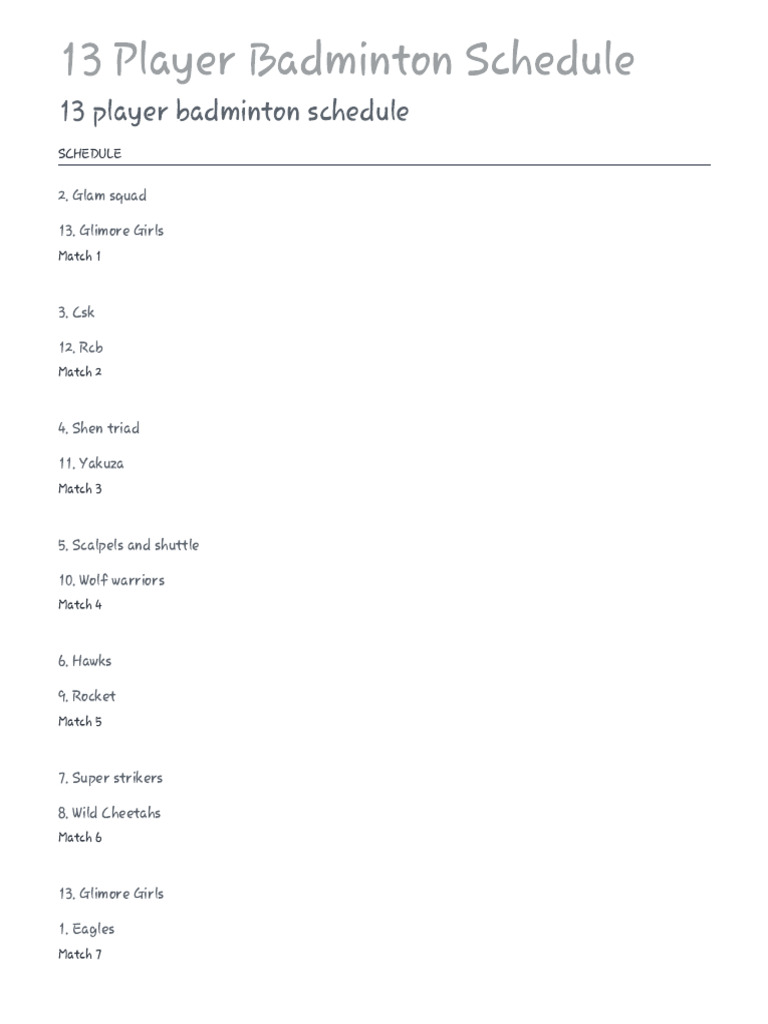 DRAFT - 14 Player Badminton Schedule - IBPL - Playpass | PDF ...