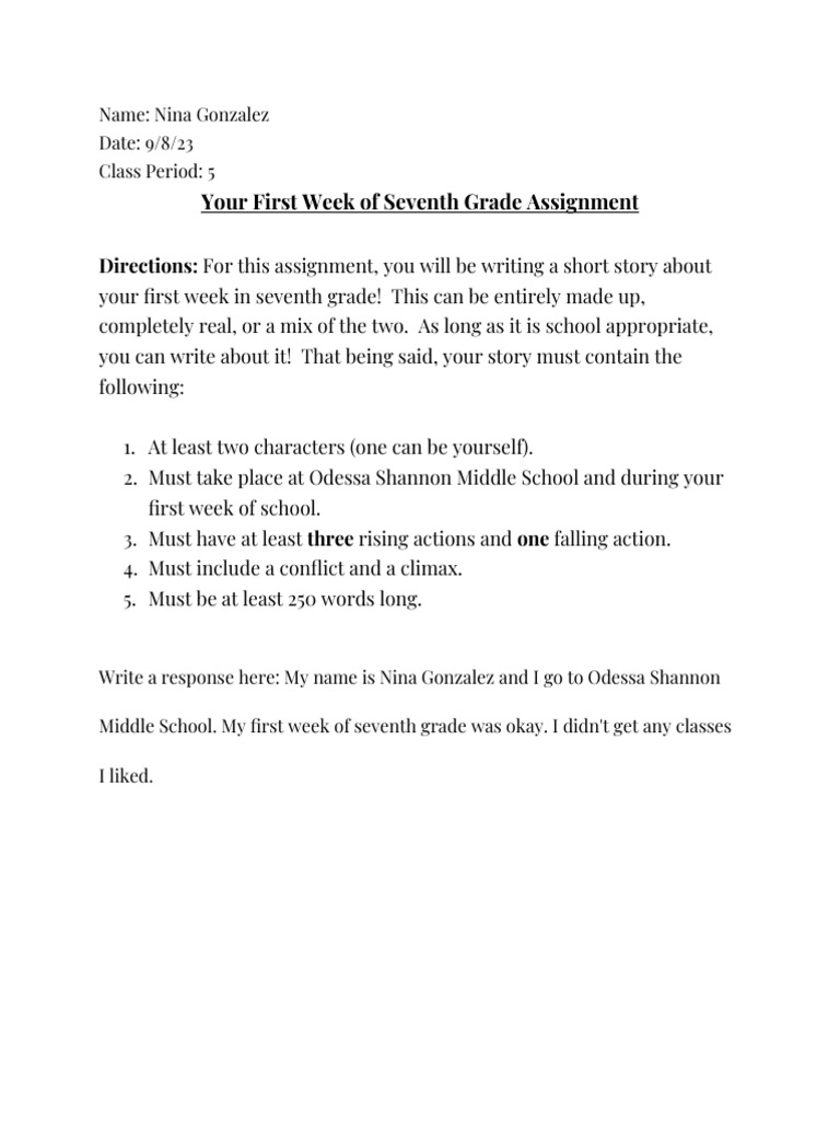 Your First Week of Seventh Grade Assignment | PDF