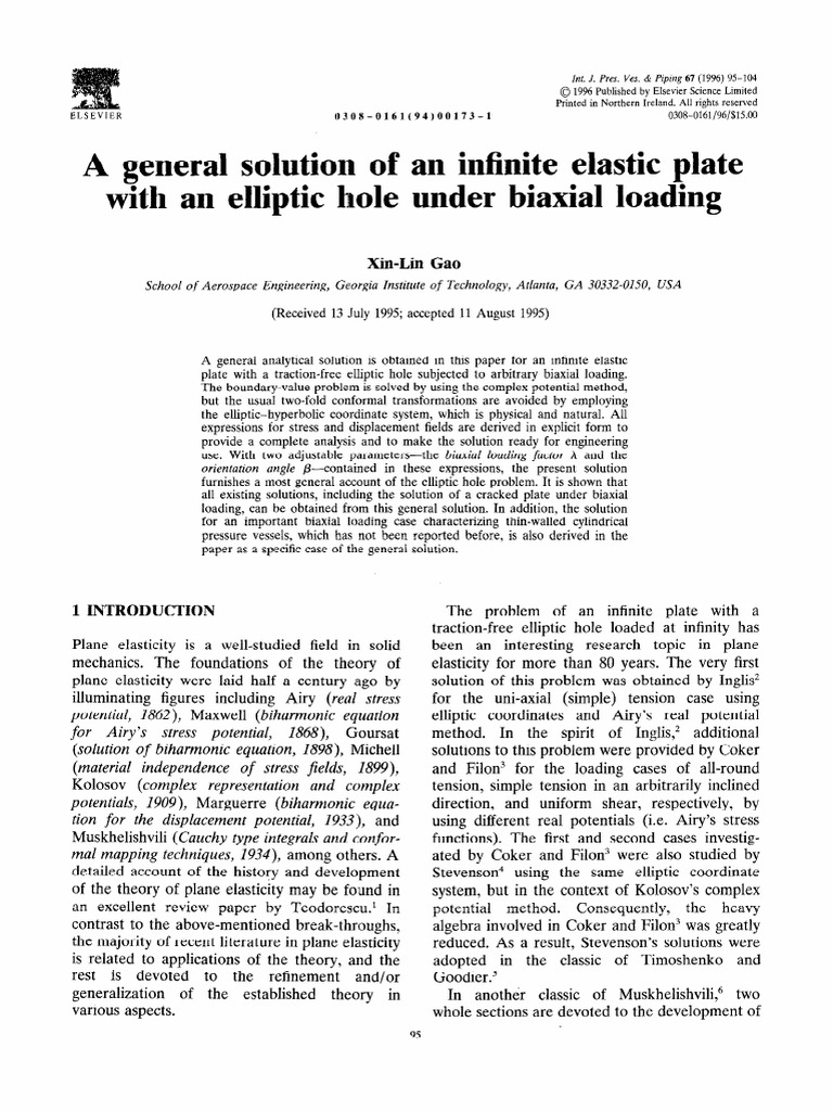 A General Solution of An Infinite Elastic Plate With An Elliptic Hole ...