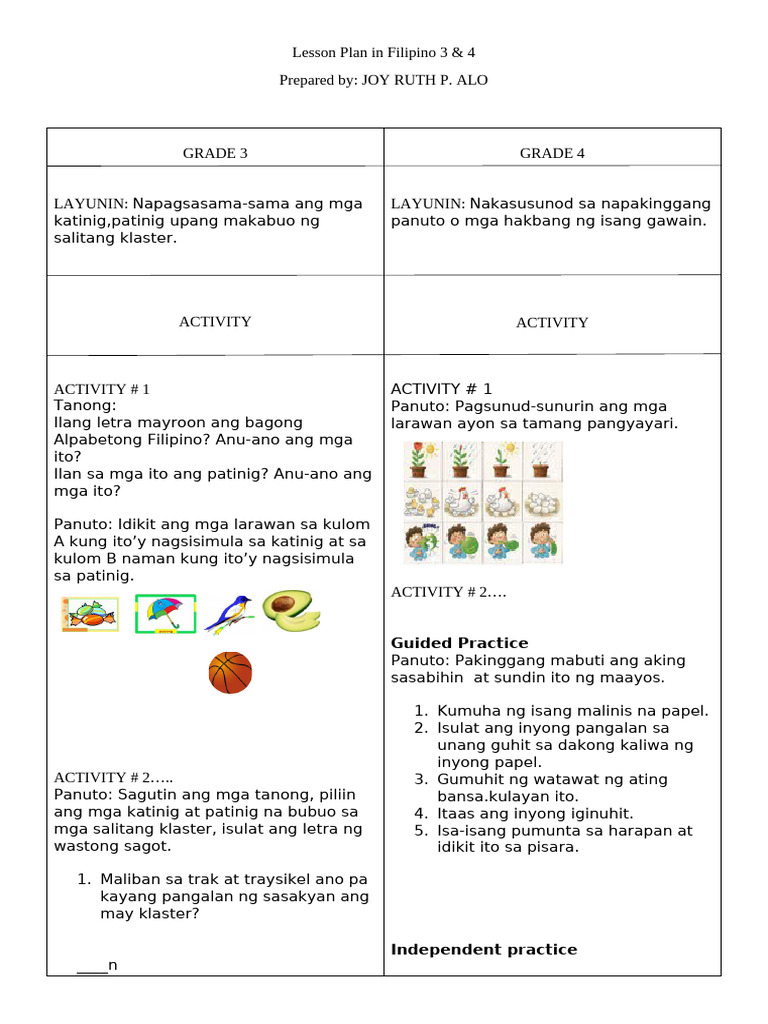 Lesson Plan in Filipino 3 ACTIVITY | PDF