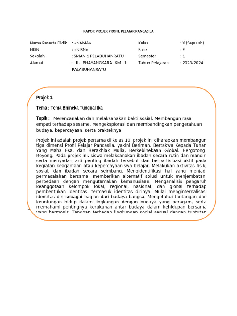 Format Rapot Projek Tema Bhineka Tunggal Ika | PDF
