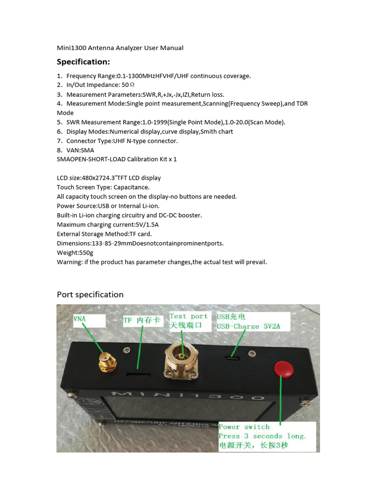 Mini1300 Antenna Analyzer User Manual | PDF | Electrical Impedance | Frequency Modulation