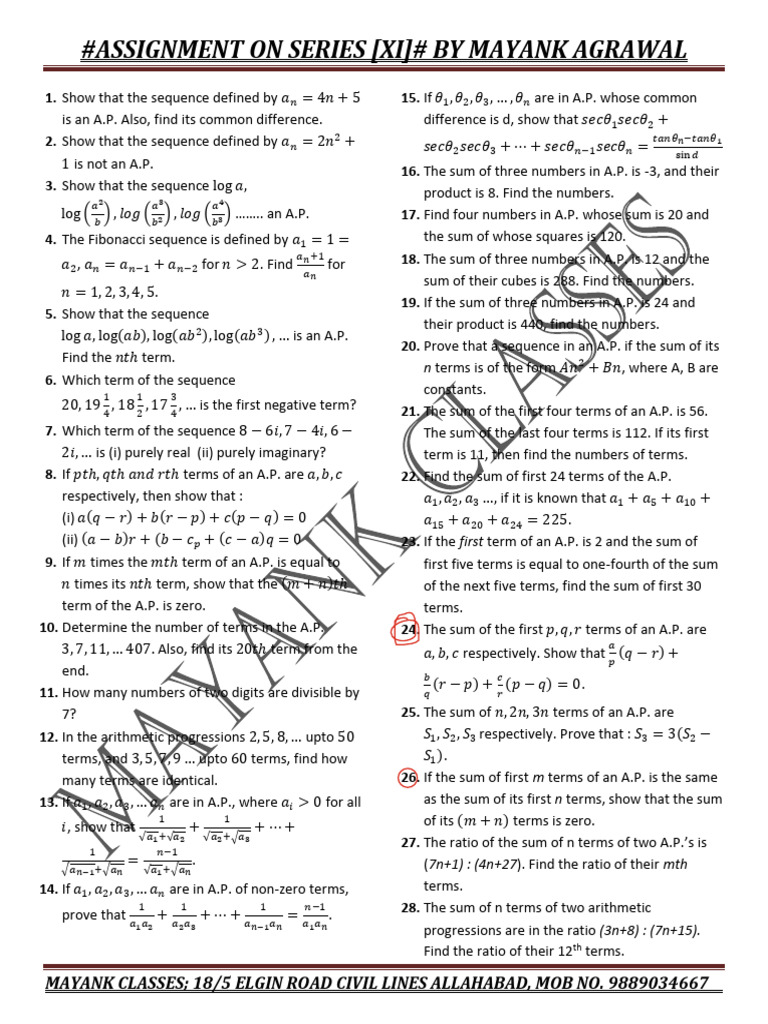 Assignment On Series XI A | PDF | Mathematical Objects | Mathematical Concepts