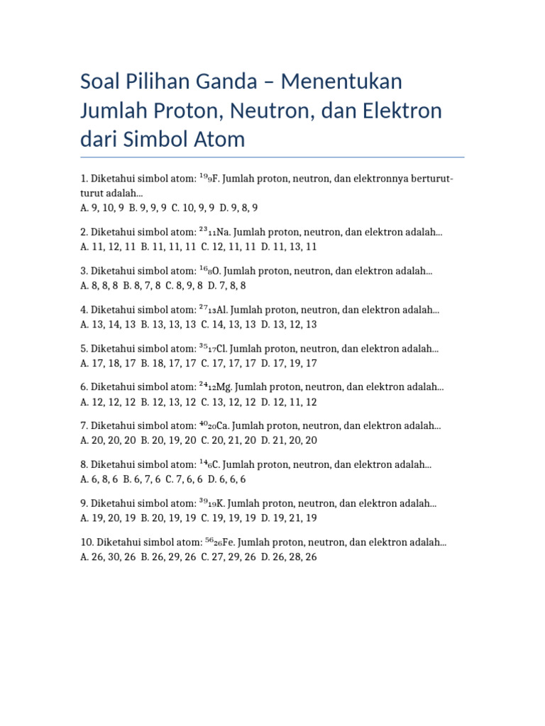 Soal Simbol Atom Proton Neutron Elektron | PDF