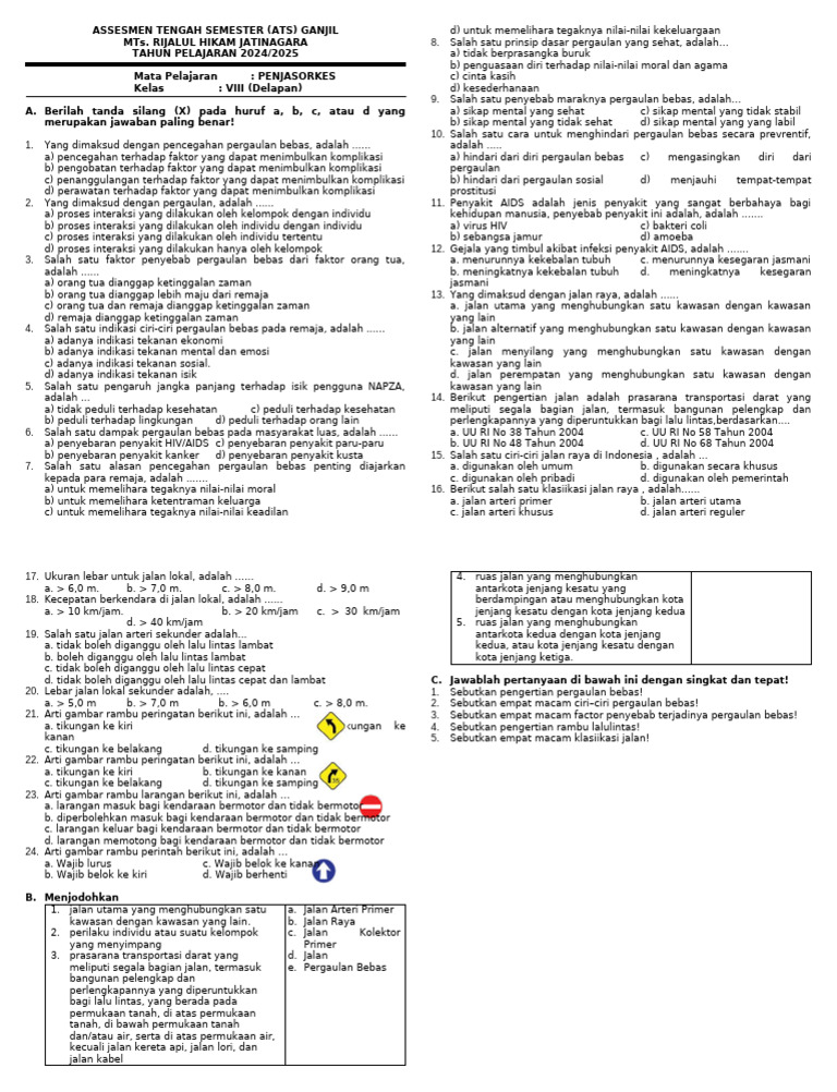 Soal ATS PJOK Kelas 8 Semester Ganjil 2024 | PDF