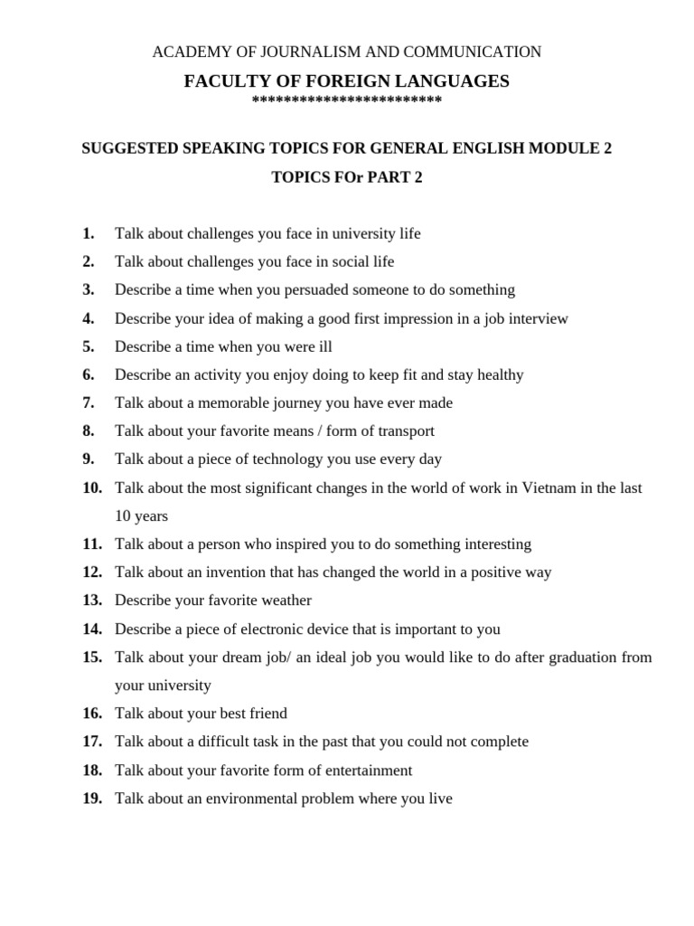 Suggested Topic For Ge2 Speaking & Writing | PDF