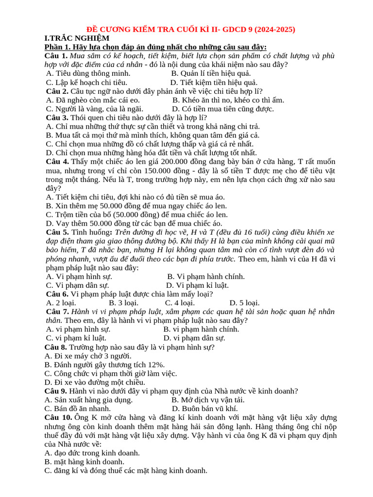 GDCD 9. DE CUONG KTCK2 (24-25) .Photo | PDF